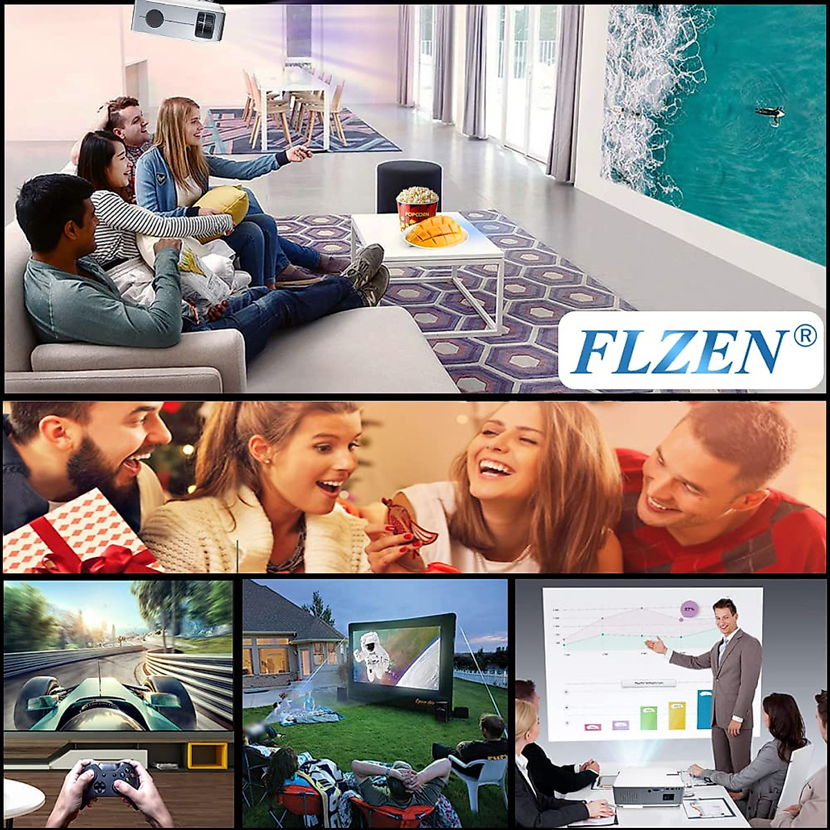 1080 Native Projector 6000 Lumen, Full HD Android Projector with WiFi Bluetooth, 300" Max Image, Side Projection & 4D Keystone Correction, Screen Mirroring / Casting, Compatible Smartphone TV Sticks