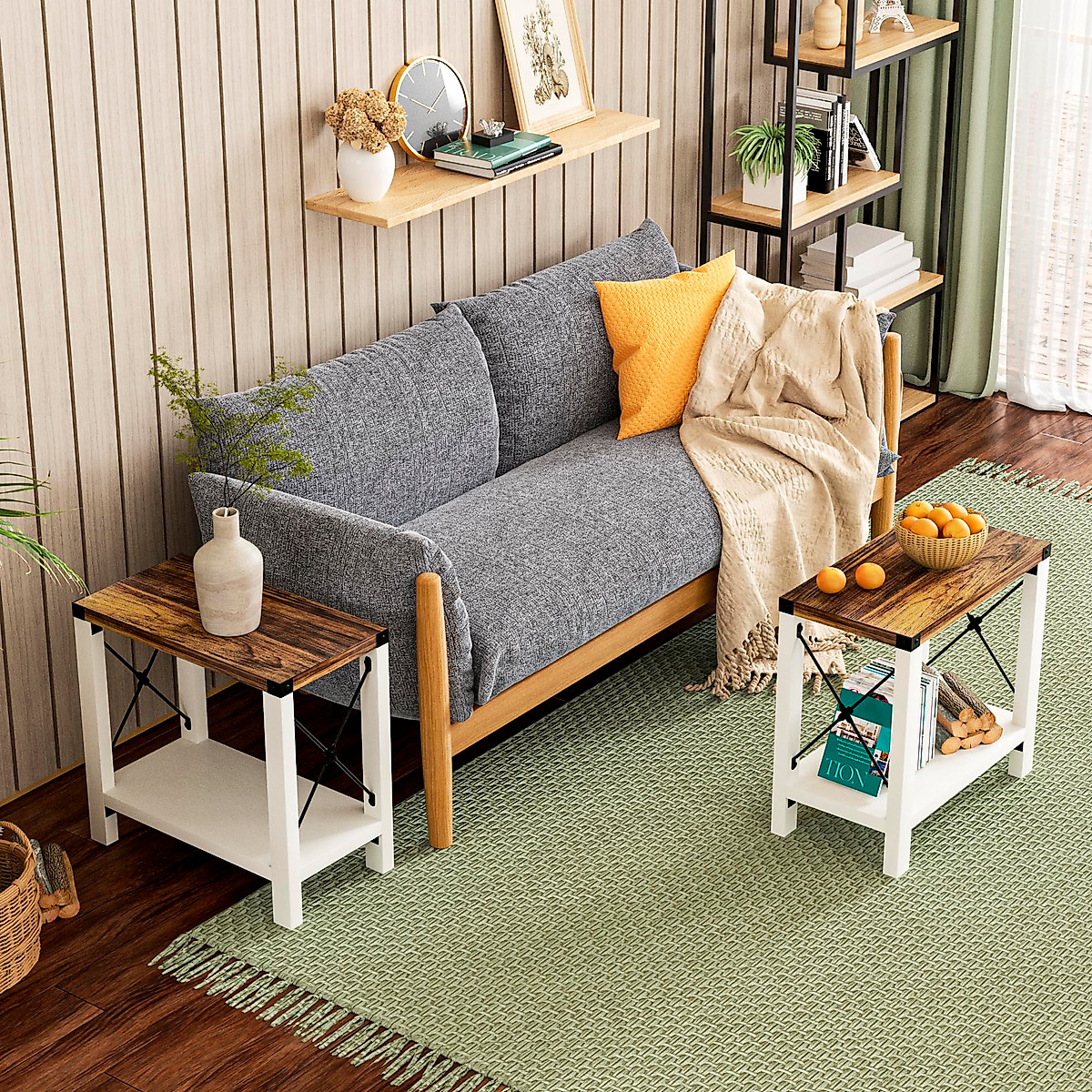 GAZHOME Farmhouse End Table for Small Spaces, Set of 2,Narrow Side End Table with Storage Shelf, Rustic X-Design Nightstand Sofa Table for Living Room, Bedroom White