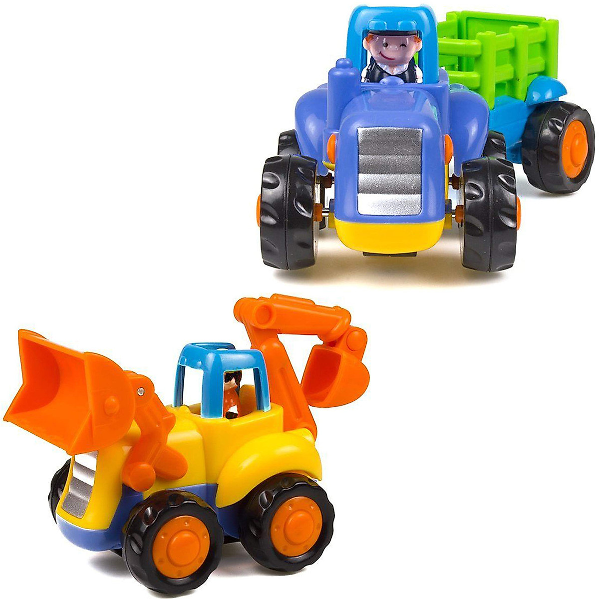 IQ Toys Friction Powered Cars, Push and Go Toy Trucks Construction Vehicles Toys Set for 1 2 3 Year Old Baby Toddlers Bulldozer, Tractor, Early Educational Gifts 2PCS