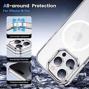 Temdan for iPhone 16 Pro Case Clear, [Compatible with Magsafe][Anti-Yellowing][Military-Grade Protection] Shockproof Slim Magnetic Phone Sleeve Case for iPhone 16 Pro, Transparent