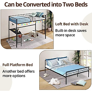 Twin Over Full Bunk Bed, Metal L-Shaped Bunk Bed Frame with Desk, Guardrail and Ladder, Space Saving Bed for Boys Girls, Convertible Into Twin Loft Bed & Full Platform Bed, Noise Free, Black