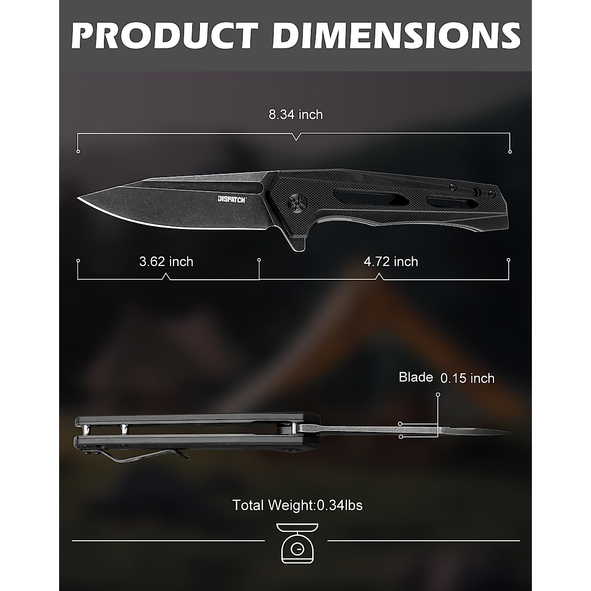 Dispatch Folding Pocket Knife with Clip, 3.58 Inch 8Cr13MoV Steel Clip Point Blade with G10 Handle, Tactical Pocket Knife for Men Outdoor Camping Hunting Hiking Survival Pocketknife