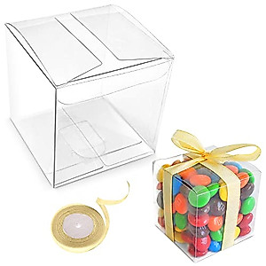 75 pcs 2x2x2 Inch Clear PET Macaron Boxes, Wedding Plastic Boxes, Treat Candy Boxes, Small Clear Boxes for Gifts, Clear Party favor Boxes, Clear Cupcake Boxes with Free Gold Wrapping Ribbon