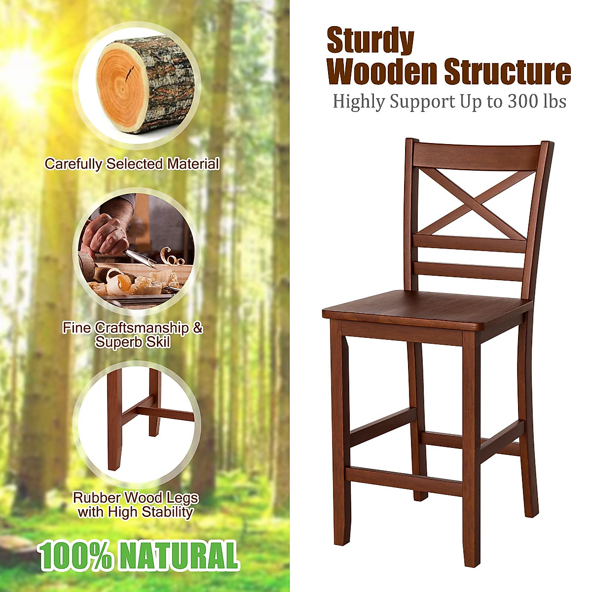 COSTWAY Bar Stools Set of 4, 25'' Antique Kitchen Counter Height Chairs with Wooden X-shaped Backrest & Rubber Wood Legs, Suitable for Home, Cafe Store, Restaurant (4)