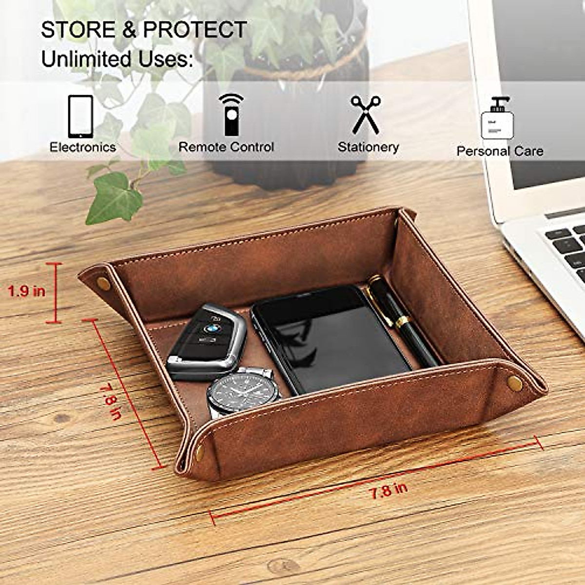 SITHON Valet Tray Desktop Storage Organizer – Premium PU Leather Catchall Tray Bedside Vanity Tray Nightstand Caddy Holder for Remote Controller, Keys, Phone, Wallet, Coin, Jewelry, Brown