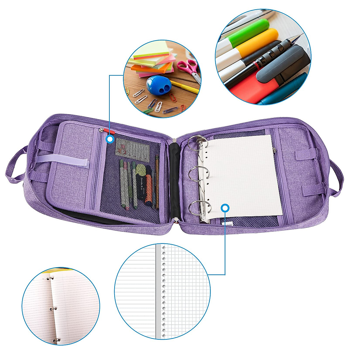 GXaryFulin Zipper Binder with Shoulder Strap & Handle, 3 O-Ring Binder for Office & School Supplies (2 inch, Purple)