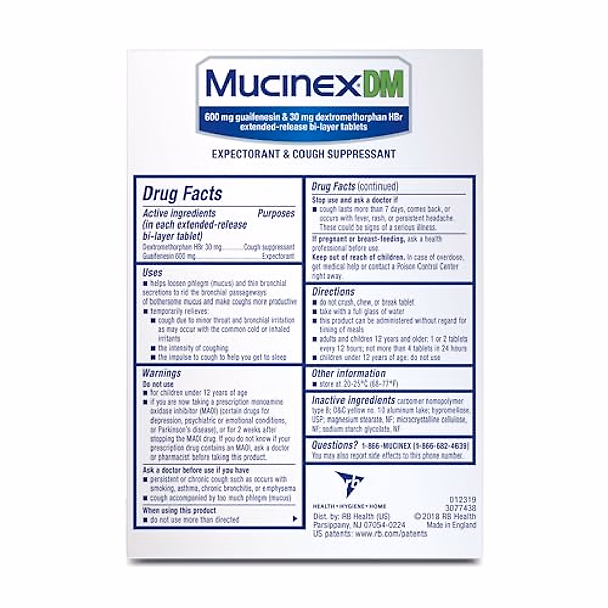 Mucinex DM 12Hr Chest Congestion & Cough Medicine For Adults, Cold And Cough Medicine for Excess Mucus Relief, 600 mg Guaifenesin & 30 mg Dextromethorphan HBr, 40 Bi-Layer Tablets