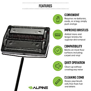 Alpine Manual Carpet Sweeper Triple Brush – Non Electric Multi-Surface Floor Cleaner Easy Sweeping for Carpeted Floors (Red -Updated)