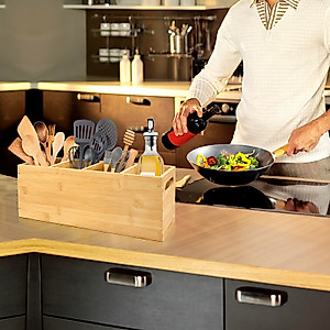 ChalkLit Bamboo Utensil Holder, Extra Large 4 Compartments Kitchen Wooden Utensil Holder Organizer for Countertop, Cooking Utensil Caddy Farmhouse Utensil Crock, Efficient Cooking Tools Storage