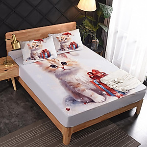Christmas Cat Sheets Full Size Sheet Sets - Cute Kitten Bed Sheets, Soft Microfiber & Deep Pocket & Wrinkle Free Patterned Bedding Sheets & Pillowcases, 1 Fitted Sheet, 1 Flat Sheet, 2 Pillow Cases