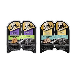 Sheba Perfect Portions Wet Cat Food Cuts in Gravy and Pate Variety Pack All Flavors, Beef, Chicken, Salmon, Turkey, Tuna, White Fish, 24 Servings | 12 Pack with LarasBundle Catnip Toys