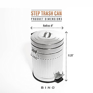 BINO Round Step Trash Can | Home or Office Bathroom Trash Cans with Lids | Kitchen Garbage Can with Non-Slip Stepper | Stainless Steel Small Trash Can with Lid | Galvanized Steel (1.3 Gallon/5 Liter)