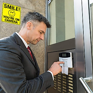 6 Pack Smile You're On Camera Sign, 6" x 6" Video Surveillance Signs, Self Adhesive Vinyl Decal UV Protected & Weatherproof Home Security Stickers, Indoor and Outdoor Use Yellow, Black