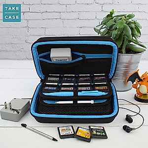 TakeCase Hard Shell Carrying Case - Compatible with Nintendo 3DS XL and 2DS XL - Fits 16 Game Cards and Wall Charger - Includes Removable Accessories Pouch and Extra Large Stylus Light Blue