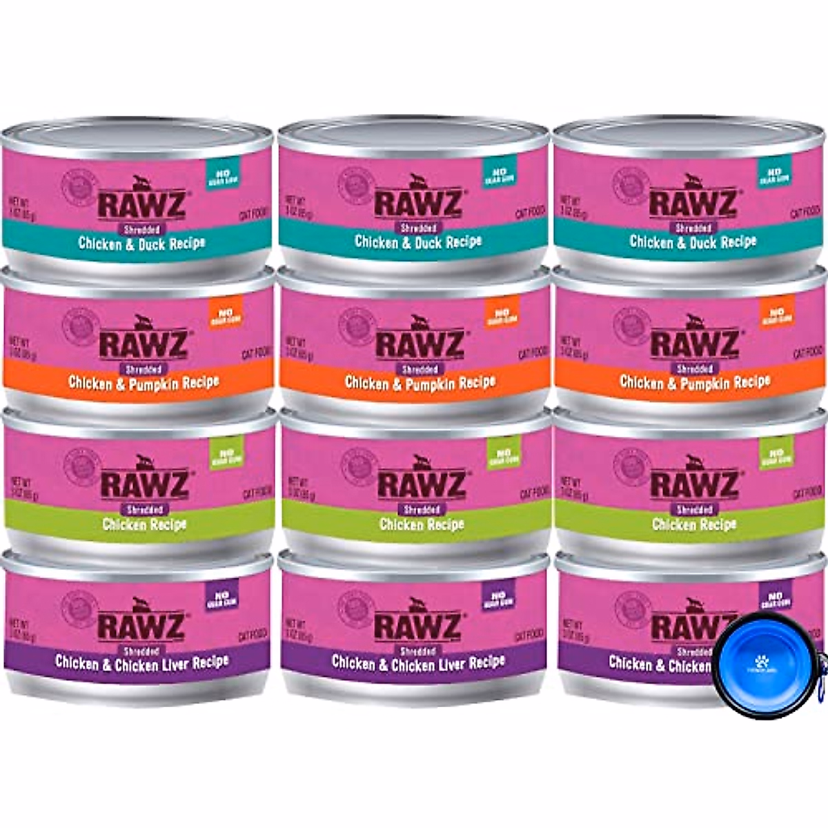 Rawz Natural Premium Canned Cat Wet Food Shredded -12 Pack Chicken Variety Bundle - 4 Flavors - (Chicken & Duck, Chicken & Liver, Chicken & Pumpkin, Chicken) with Hotspot Pets Food Bowl - (3oz Cans)