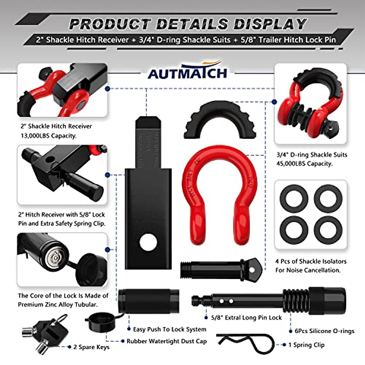 AUTMATCH Shackles 3/4" D Ring Shackle and Shackle Hitch Receiver 2 Inch with 5/8" Trailer Hitch Lock Pin, 45,000 Lbs Break Strength Heavy Duty Receiver Kit for Vehicle, Red