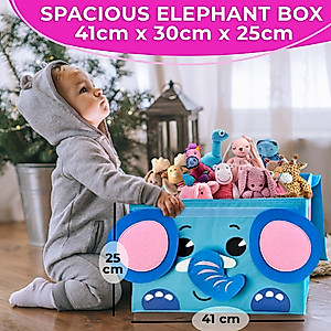 QUOKKA Toy Storage Box for Boys and Girls - 16x12x10 In Elephant Toy Chest Organizer for Kids - Collapsible - Handles - Flip Top Lids - Fabric Foldable Bin for Playroom - Nursery Room Organization