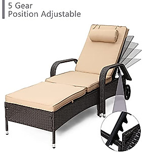 Fit Choice 2 Piece Wicker Patio Chaise Lounge Set, Patio Lounge Chair W/Wheels, 5 Adjustable Back Position, Pressure Relief Cushion, W/ 1 Tempered Glass Bistro Table Dark Grey