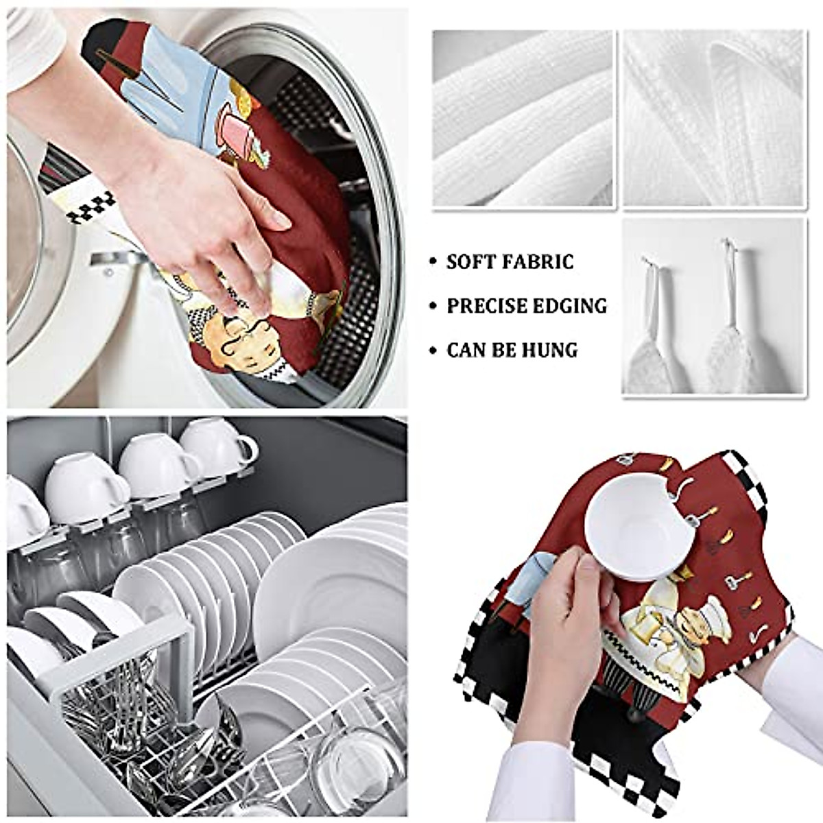 Kitchen Towels, Cheerful Fat Chef Towels, Dish Towels Kitchen Accessories, Microfiber Cleaning Cloth Kitchen Decor Hand Towels, Dish Towels for Kitchen, Absorbent Wash Cloths 3-Pack