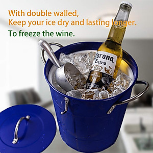 T586 Blue 4L Metal Double Walled Ice Bucket with Lid and Scoop