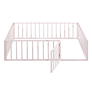 Merax Full Size Metal Floor Bed Frame with Safety Guardrails Fence and Door for Boys,Girls,Teens,Pink