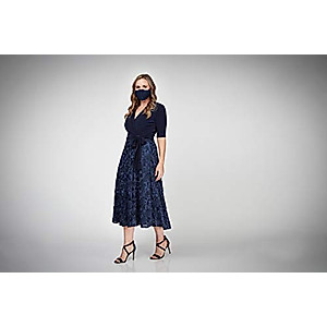 Alex Evenings Women's Tea Length Jersey and Rosette Lace Dress (Petite and Regular), Navy Tie Front, 6