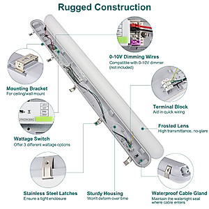 kadision 4ft LED Vapor Tight Light, 60W/50W/40W Wattage Selectable 7200lm 5000K 100-277V, 0-10V Dimmable Vapor Proof Lighting Fixture for Warehouses Car Washes, UL Listed 4-Pack