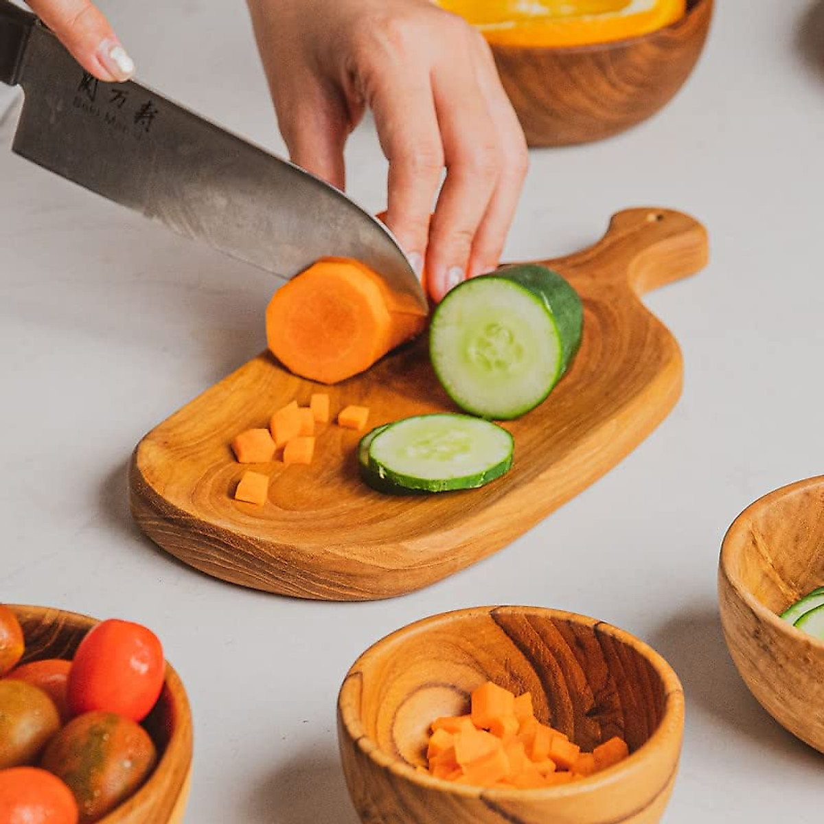 Rainforest Bowls 6"x5" Curved Edge Rectangular Javanese Teak Wood Cutting Board w/Handle- Ultra-Durable, Heavy Duty, Lasts Years w/Daily Use- Premium Style Handcrafted by Indonesian Artisans