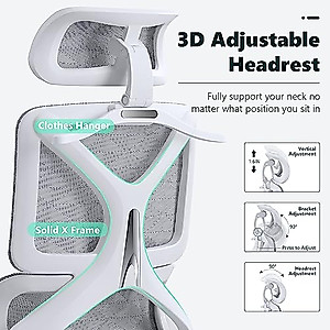 Memobarco Ergonomic Office Chair, High Back Desk Chair with Lumbar Back Support, 3D Adjustable Armrest & 3D Headrest, Comfortable Computer Mesh Chair with PU Wheels for Executive, Gaming, White