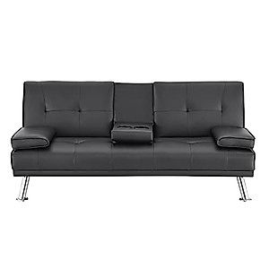 Naomi Home Black Futon Sofa Bed, Faux Leather Futon Couch with Armrest and 2 Cupholders, Pull Out Sofa Bed Couch with Metal Legs, Reclining Small Couch Bed, Black Couches for Living Room