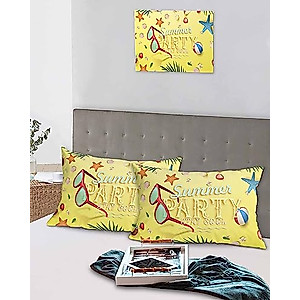 Edwiinsa Summer Beach Party Pillow Covers Standard Size Set of 2 20x26 Bed Pillow, Tropical Leaves Starfish Seashells Yellow Plush Soft Comfort for Hair/Skin Cooling Pillowcases with Envelop Closure