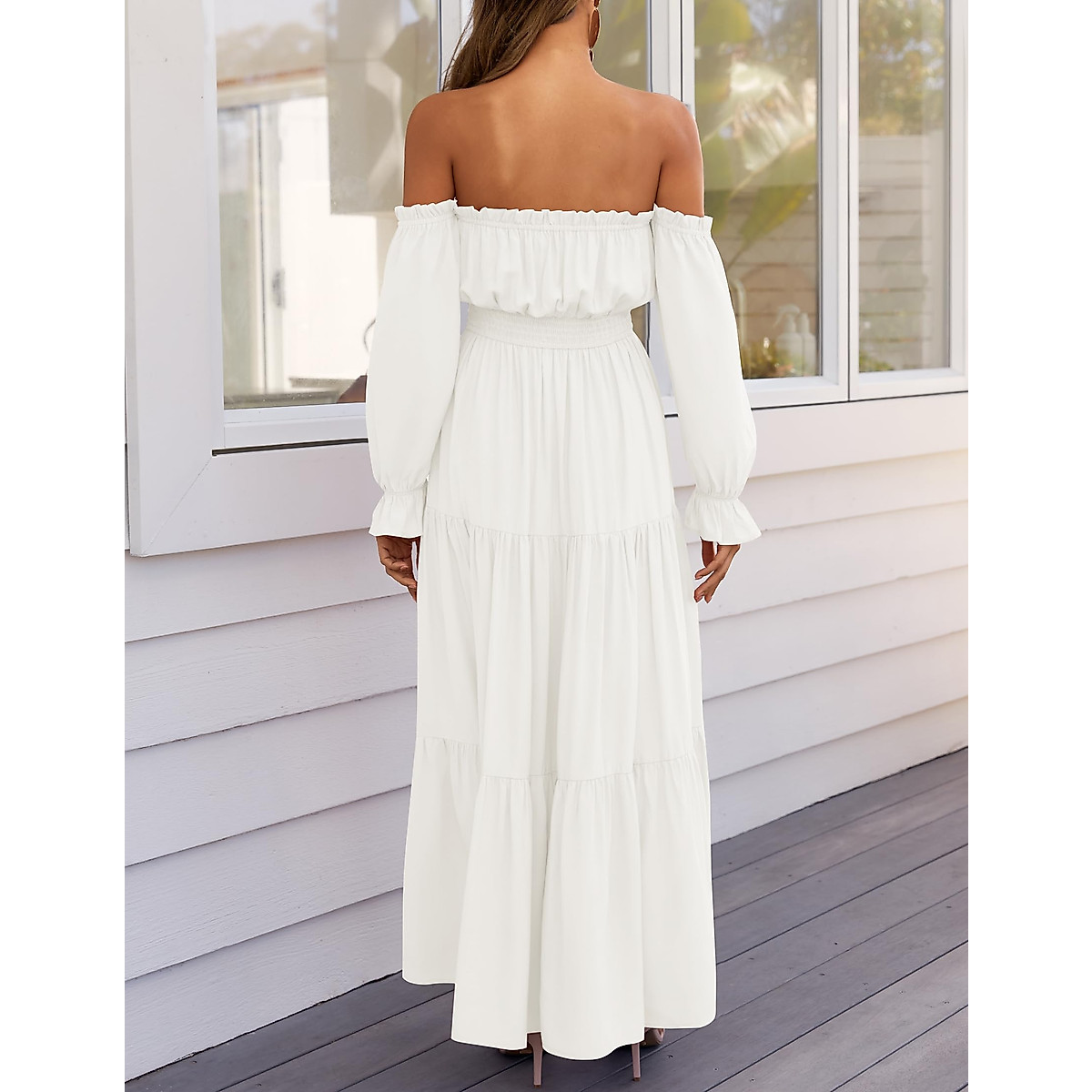 ZESICA Women's 2024 Boho Sexy Off Shoulder Long Sleeve Smocked High Waist Side Split Flowy A Line Tiered Long Maxi Dress,White,Medium