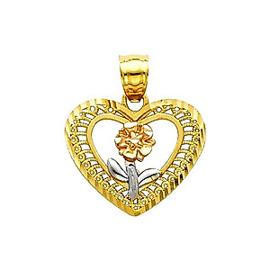 The World Jewelry Center 14k REAL Tri Color Gold Flower in Heart Pendant with 1.2mm Cable Chain Necklace - 22"