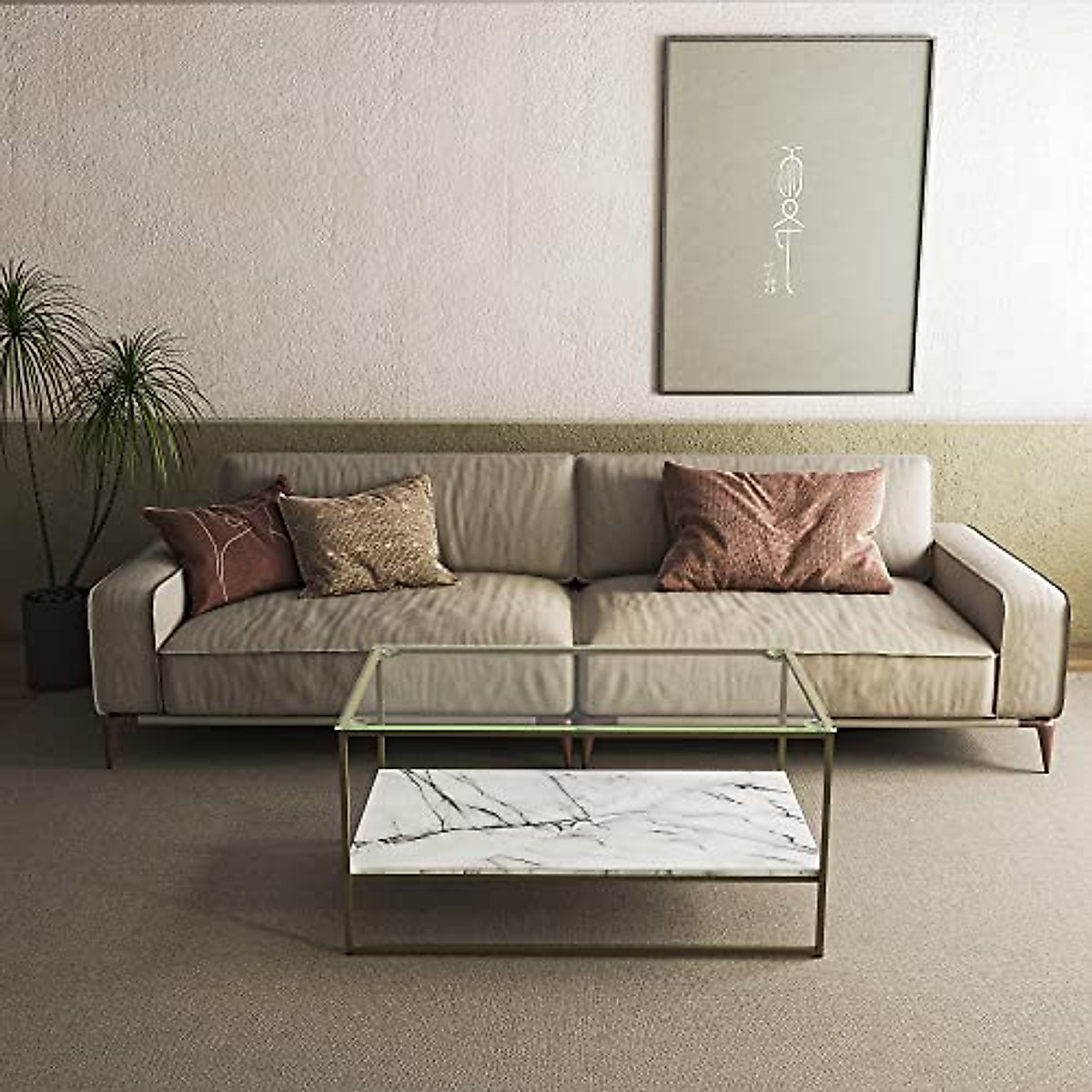 Tilly Lin 35" Elegant 2 Tier Glass Top Coffee Table with White Faux Marble and Gold Metal Legs, Rectangular Cocktail Table with Storage for Living Room