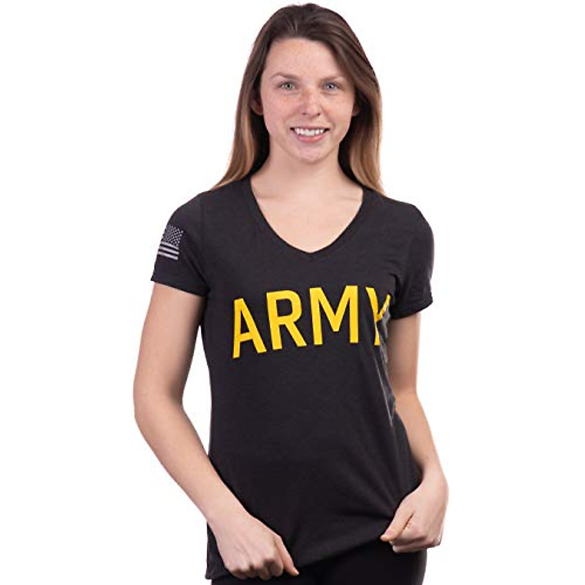 Army Women's V-Neck | U.S. Military Infantry Sleeve Flag Female Soldier T-Shirt Wife Mom Top, Black-(VneckBLK,L)