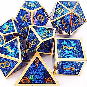 HAOMEJA Hollow Metal + Resin Dragons Dice Set DND 7 Set Dice Role Playing Dice D&D Dungeons and Dragons (Blue)