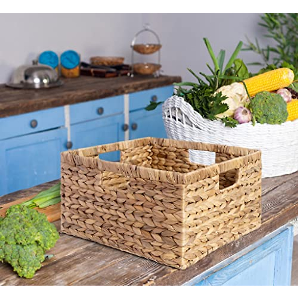 BARIEN 14.5” x 13.5” x 8” (Set of 3) Natural Water Hyacinth Storage Baskets, Rectangular Wicker Basket with Built-in Handles, Large (Natural - Set of 3)