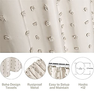 Boho Farmhouse Beige/Cream Shower Curtain Woven Fabric Cute Shower Curtain, 72 x 72 Tufted Pleat Floral Puffs Textured Modern Farmhouse Minimalist Shower Curtain Set with Hooks for Bathroom