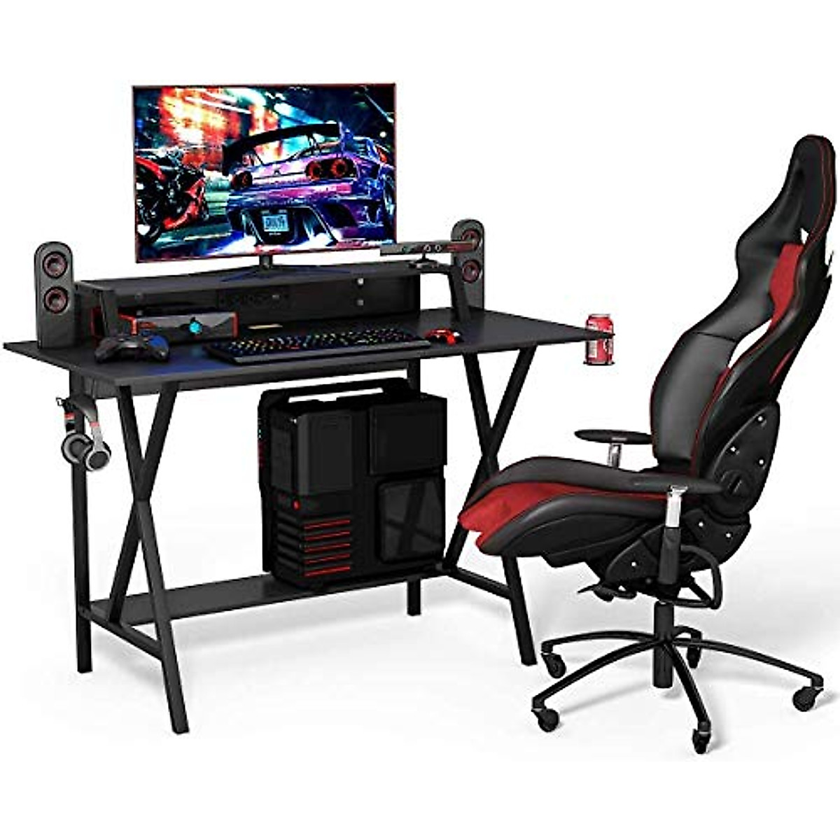 HAPPYGRILL Gaming Desk Home Computer Desk with Cup Holder & Headphone Hook, Professional Gaming Table Gamer Workstation with Built-in Wire-Management