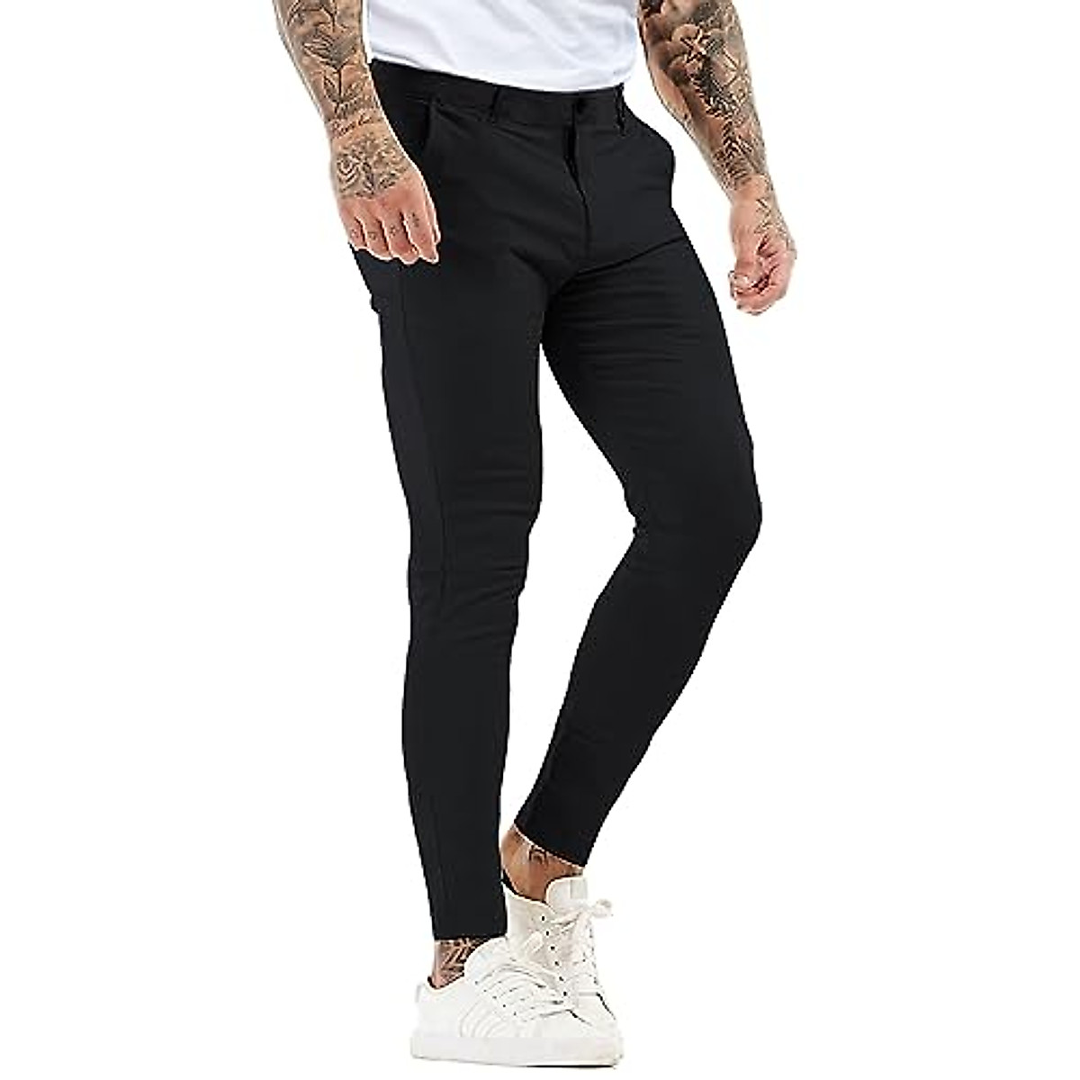 GINGTTO Men's Flat Front Pants Skinny Slim Fit Dress Pants for Men Stretchy Trousers(Black Plain,30)