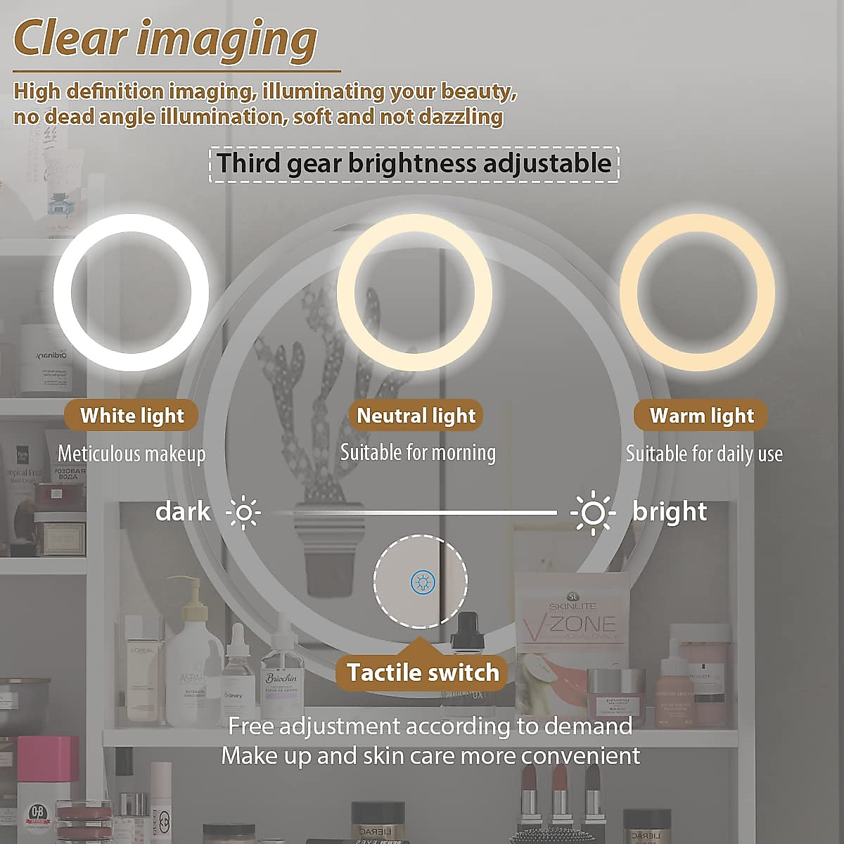 FUFU&GAGA Vanity Set with Round Mirror, Makeup Vanity Dressing Table with 5 Drawers, Shelves, Dresser Desk and Cushioned Stool Set (White/Lighted Mirror)