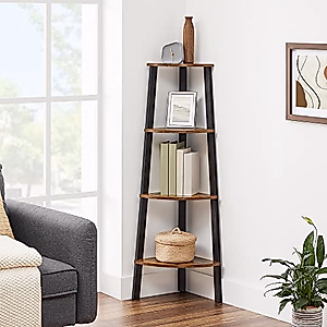 VASAGLE Corner Shelf Stand, 4-Tier Corner Bookshelf, Industrial Corner Ladder Shelf, Plant Stand Display Shelf for Living Room, Office, Kitchen, Rustic Brown and Black ULLS34X