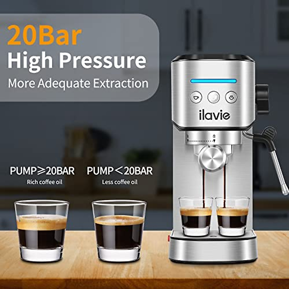 ILAVIE Espresso Coffee Machines with Steamer, 20 Bar Pump Espresso and Cappuccino latte Maker, Espresso Machine Easy to Use for Home Barista, 1350W, Stainless Steel