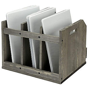 MyGift Vintage Gray Solid Wood Office Desktop Document Organizer, Desk File Folder and Binder Rack with 3-Compartments and Chalkboard Labels