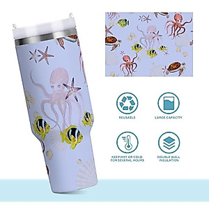 DIGTIA Stainless Steel Insulated Tumbler w/Handle & Straw, Turtles Octopus Double Wall Vacuum Travel Coffee Mug Cup w/Lid, Leak-Proof Sports Fish Sea Water Bottle,30oz