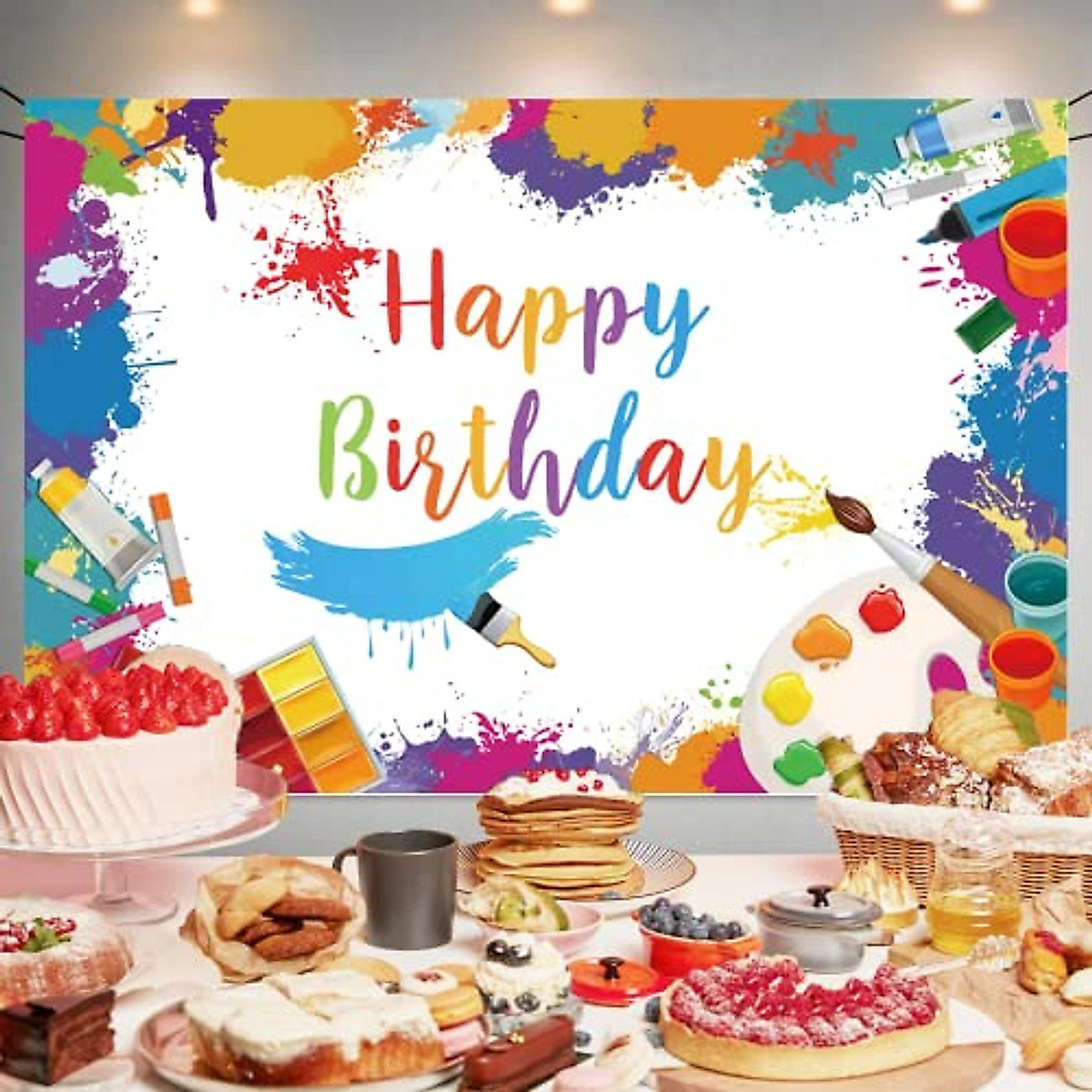 Art Paint Happy Birthday Backdrop Decorations Art Paint Happy Birthday Banner Painting Art Birthday Photo Background for Home Indoor Outdoor Birthday Party Decorations Supplies 70.8 x 47.2 Inch