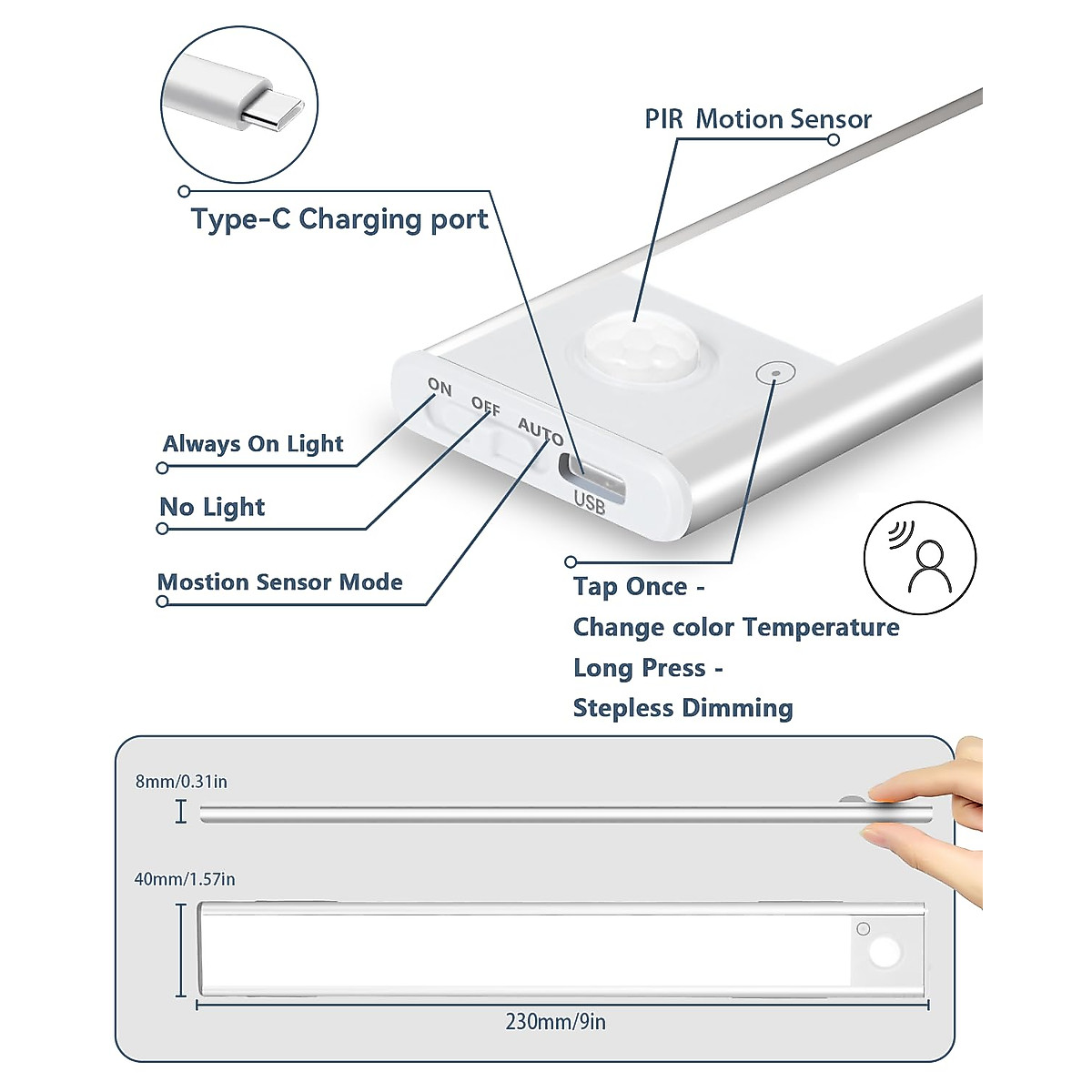 90LED Motion Sensor Under Cabinet Light,Closet Lights 3 Color Temperature&Stepless Dimming,Wireless Rechargeable 2200mAh Battery,Magnetic Closet Lighting for Kitchen,Bedroom,Cupboard,Stairs,2 Pack