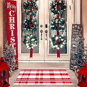 Fallovea Christmas Rugs Red and White Plaid, 4'x6' Area Rug Outdoor Indoor Front Porch Doormat Cotton Hand-Woven Layered Door Mats for Entryway Patio Entryway Laundry Bedroom Living Room