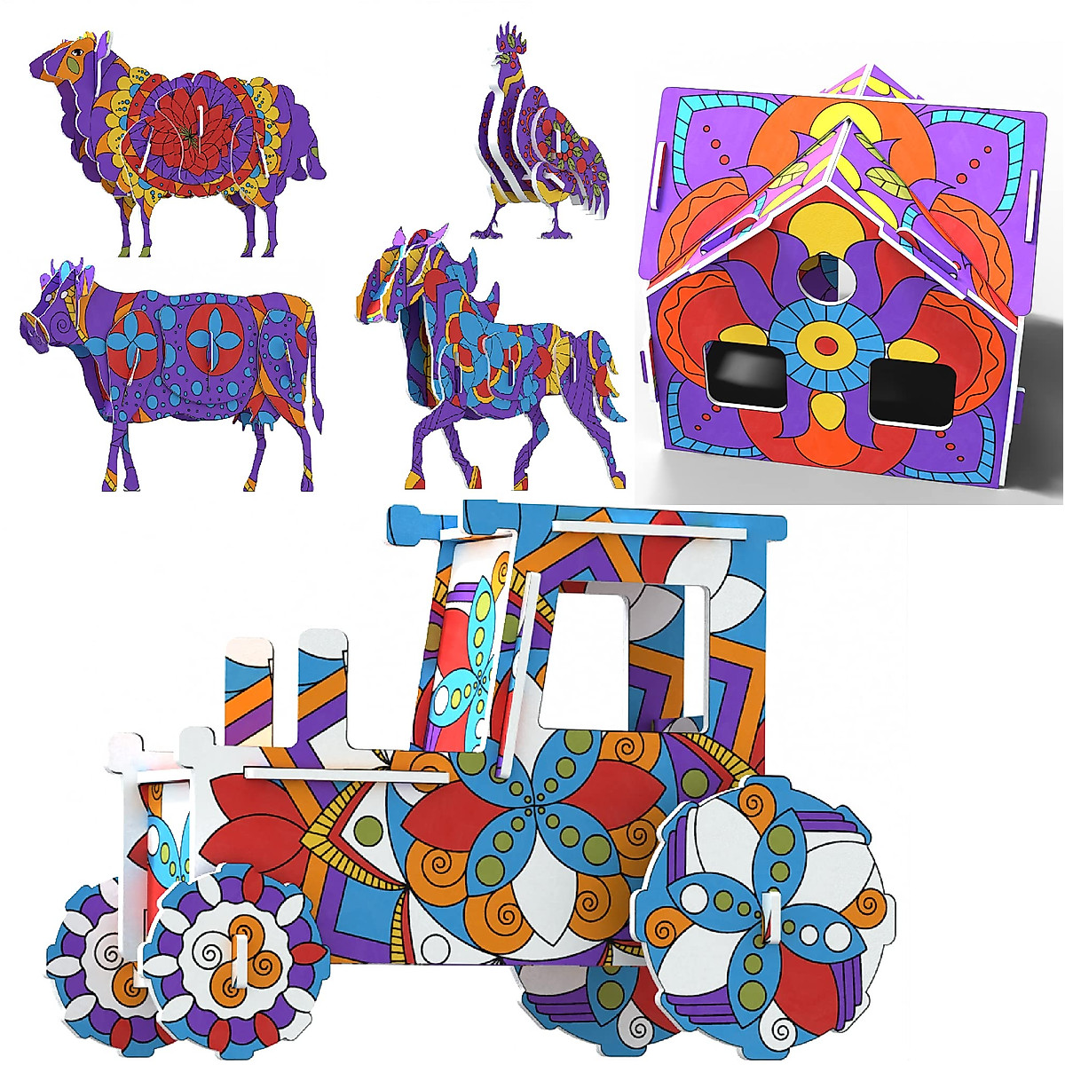 3D Coloring Puzzle Set with Unique Mandala Pattern - DIY 3D Puzzles for Kids Ages 7-15 - Arts and Crafts for Girls & Boys 3-d Puzzles Animal Drawing Art Kits for Kids - 6 Different Shapes