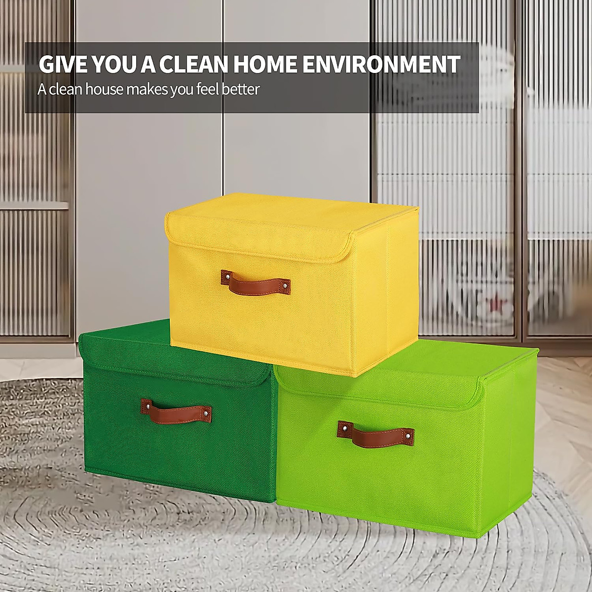 SAMORADREA 9 Pack Storage Basket Bulk Decorative Storage Bins Containers Fabric Bins with Lids for Shelves Drawers, Desktop, Closet, Playroom, Office, Bedroom (Rainbow, 15X10X10)